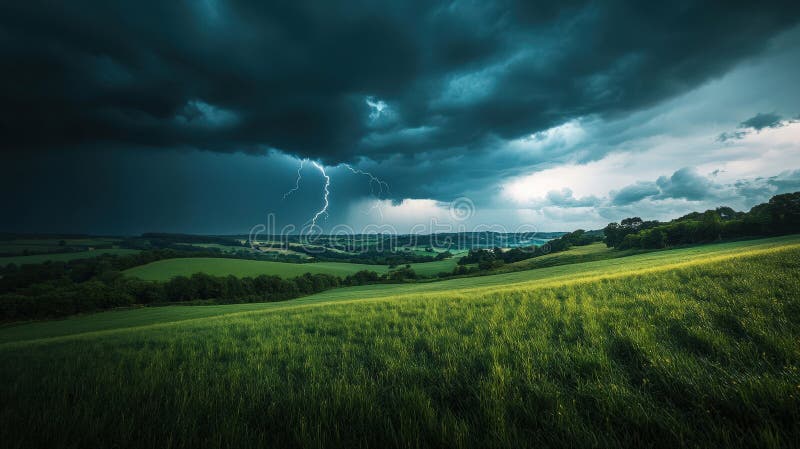 Dramatic Storm Clouds Over Green Fields with Lightning Strikes Stock ...