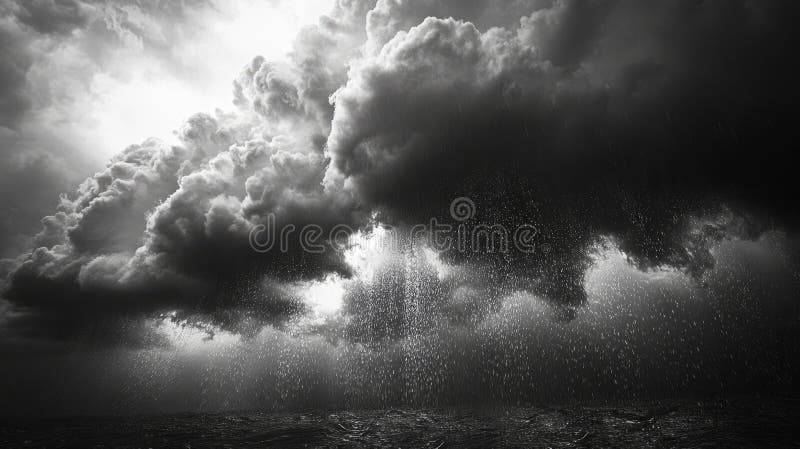Dramatic Storm Clouds Over Ocean with Rain in Black and White. Stock ...