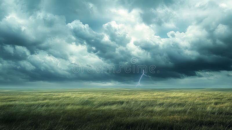 Dramatic Storm Clouds Over an Open Prairie, with Lightning in the Stock ...