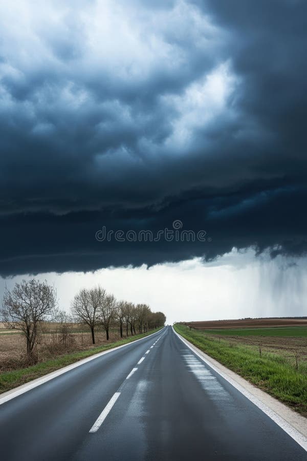 Dramatic Storm Clouds Over Open Road with Trees and Fields in ...
