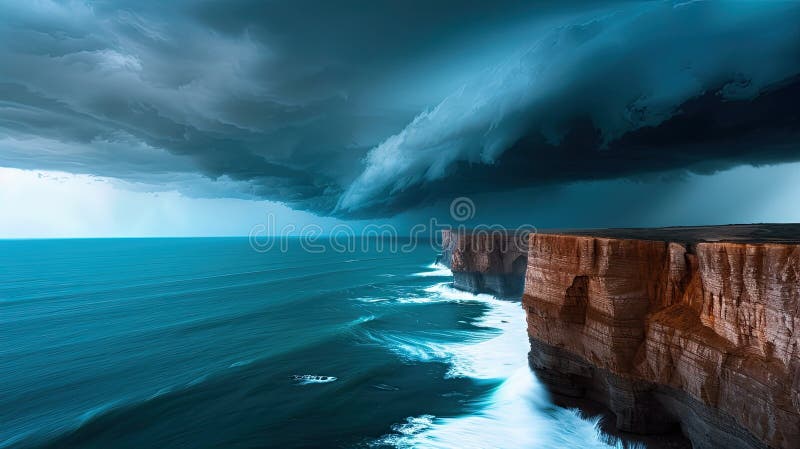 Dramatic Storm Clouds Over a Rugged Coastal Cliff with Crashing Waves ...