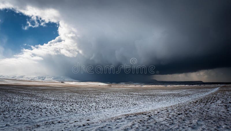 Dramatic Storm Clouds Over a Snow-Dusted Field: a Powerful Landscape ...