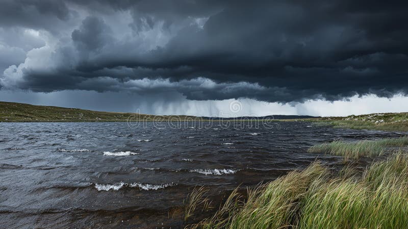 Dramatic Storm Clouds Over a Still Lake, Rain Falling Stock Image ...