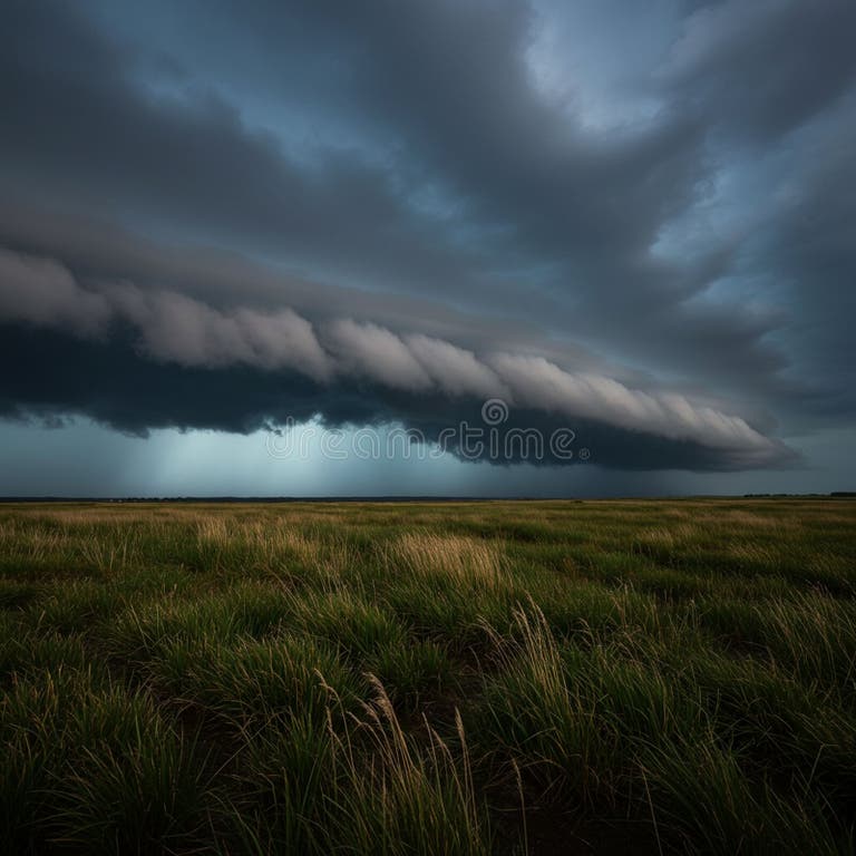 Dramatic Storm Clouds Roll Across a Flat Landscape, Featuring a Dense, Dark Shelf Cloud Stock ...