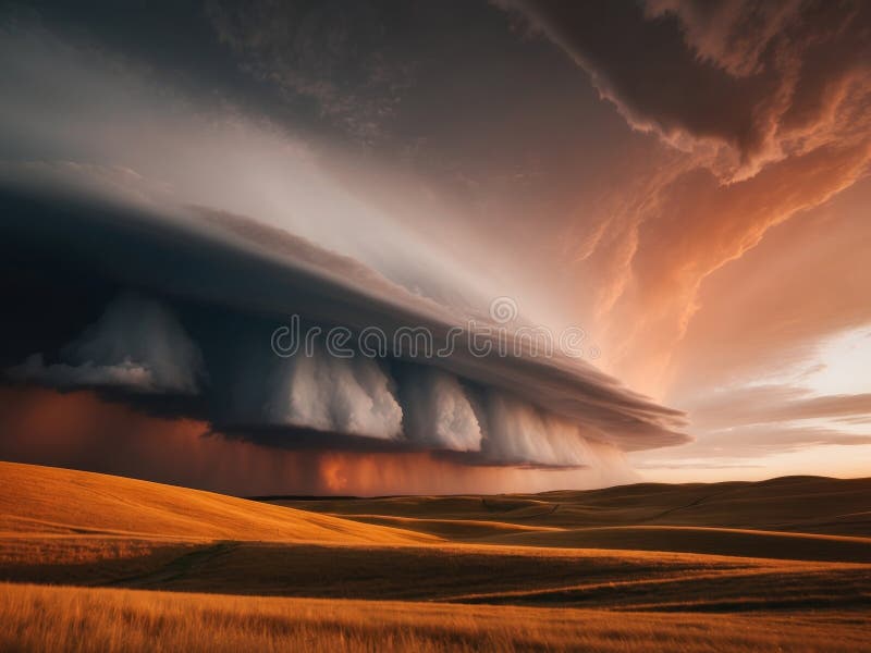 Dramatic Storm Clouds Rolling Over Golden Grasslands at Sunset. Stock ...
