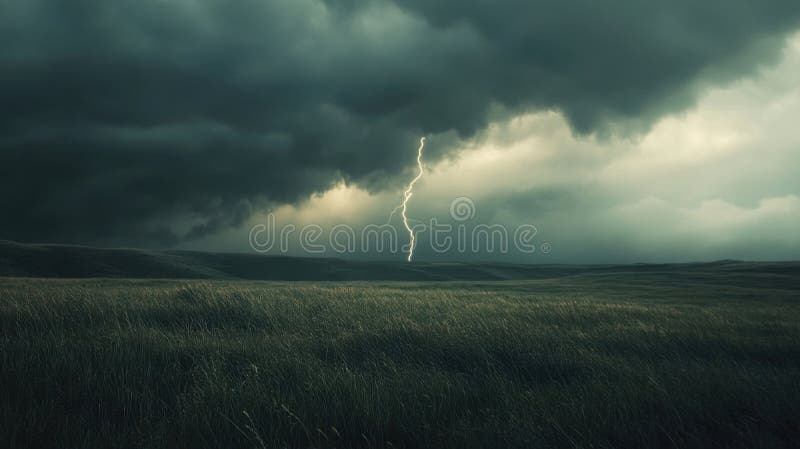 Dramatic Storm Clouds Rolling Over an Open Prairie with a Single ...