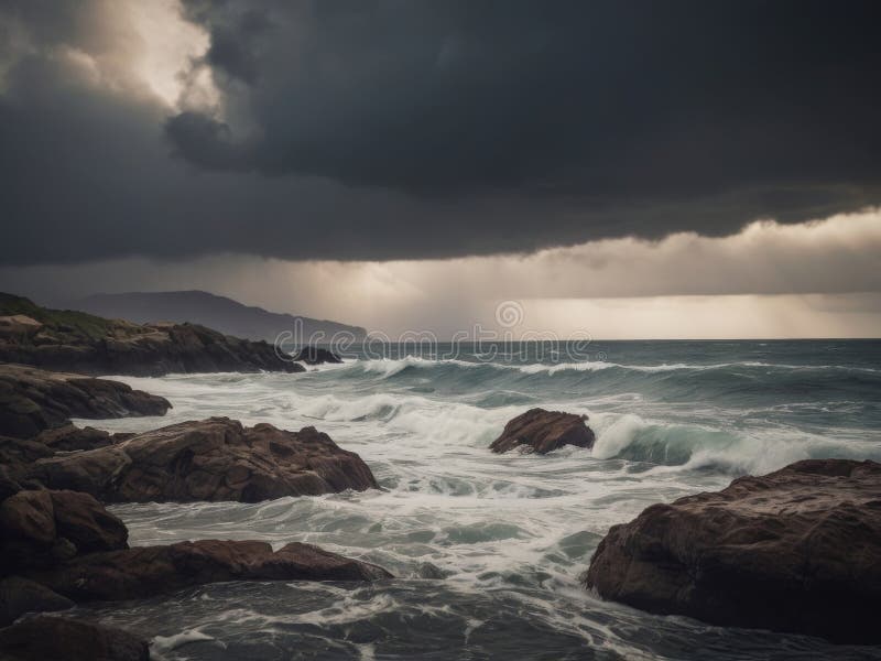 Dramatic Storm Clouds Rolling Over a Rugged and Moody Coastal Landscape ...