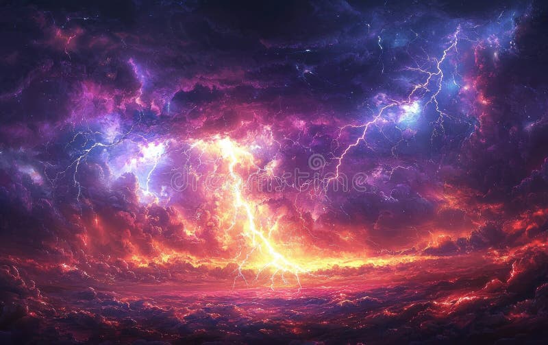 Fiery Sky with Lightning Strikes during a Dramatic Storm Stock ...