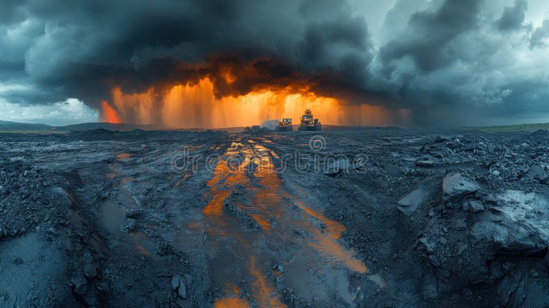 A Dramatic Storm with Heavy Rain Descends on a Large Open-pit Coal Mine ...