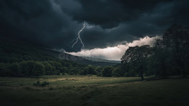 Dramatic Storm with Lightning Over a Dark Forest and Open Fields Stock ...