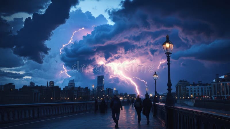 Dramatic Storm with Lightning and People on a Bridge at Dusk Stock ...