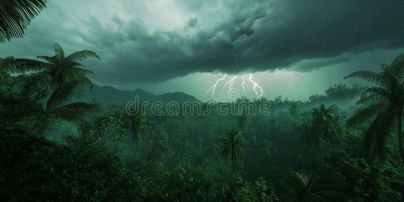 A Dramatic Storm Over a Dense Rainforest, with Dark Clouds Rolling in ...