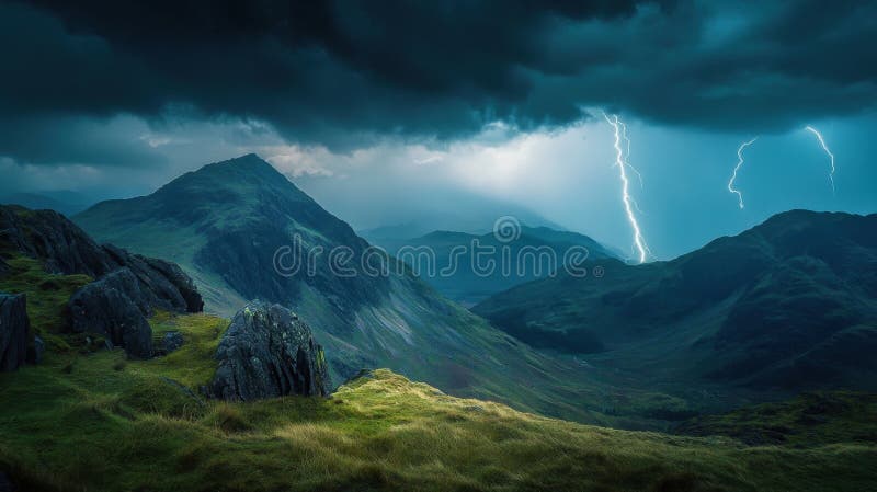 Dramatic Storm Over Mountains with Lightning and Dark Clouds Stock ...