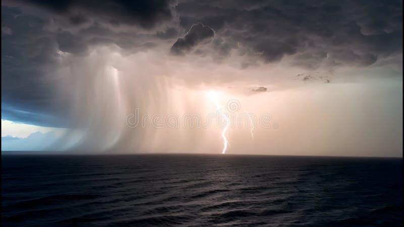 Dramatic Storm Over the Ocean with Lightning and Heavy Rain in a Dark ...