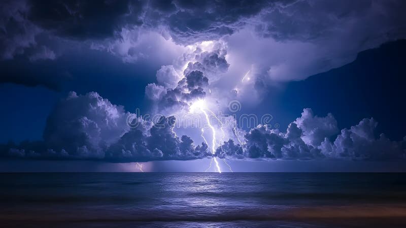 Dramatic Storm Over the Ocean with Lightning Illuminating the Sky Stock ...