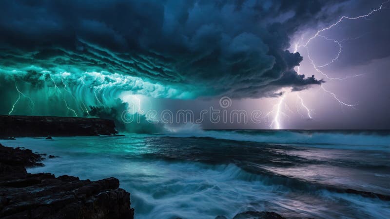 Dramatic Ocean Storm with Lightning Strikes Stock Illustration ...