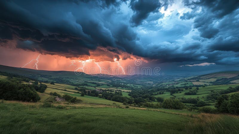 Dramatic Storm Over Rolling Hills and Fields with Lightning Strikes in ...