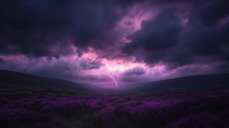 Dramatic Storm with Purple Fields and Lightning in the Evening Sky Full ...