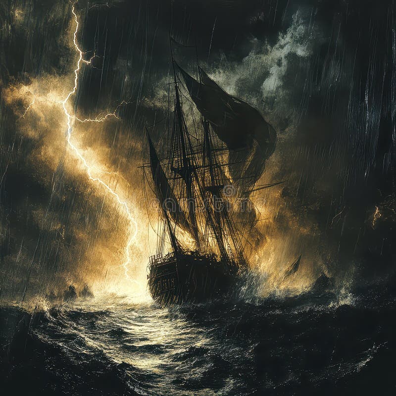 Dramatic Storm with Ship Fighting Elemental Forces at Sea Stock Photo ...