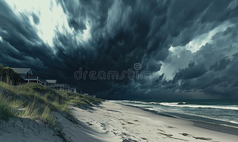 Dramatic Stormy Beach Landscape with Dark Clouds and Coastal Homes ...