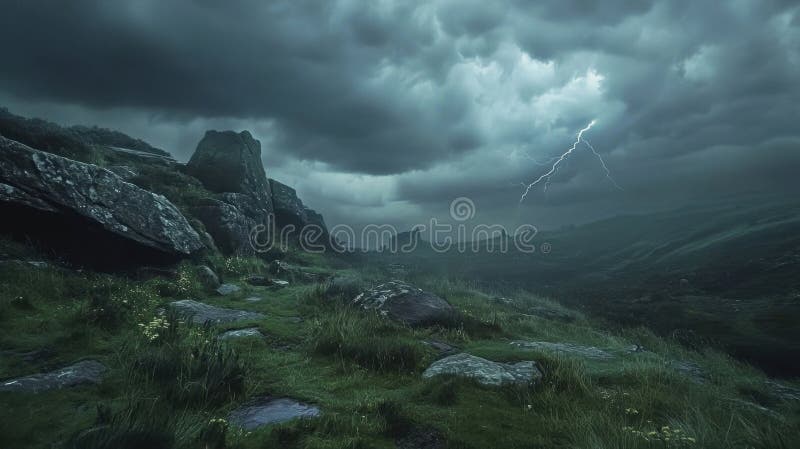 Dramatic Stormy Landscape with Dark Clouds and Lightning Strikes in the ...