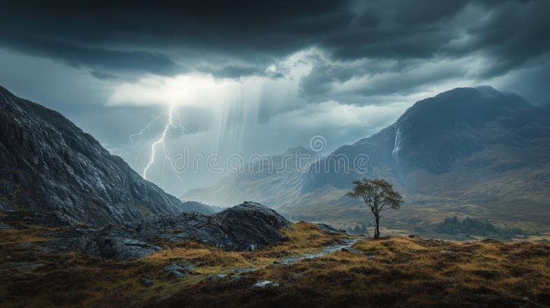 Dramatic Stormy Landscape with Lightning, Mountains, and a Lone Tree ...