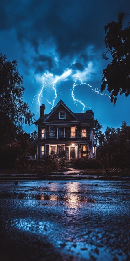 Dramatic Stormy Night with Lightning and Vintage House Reflection Stock ...