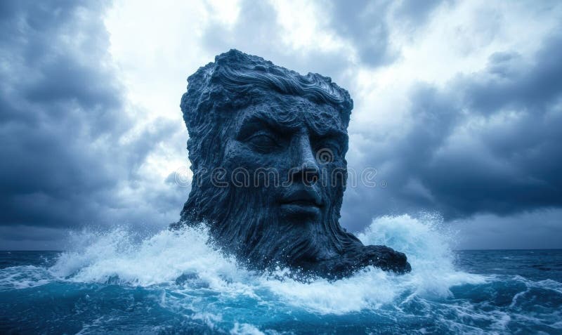 Dramatic Stormy Ocean with Giant Stone Face Stock Illustration ...