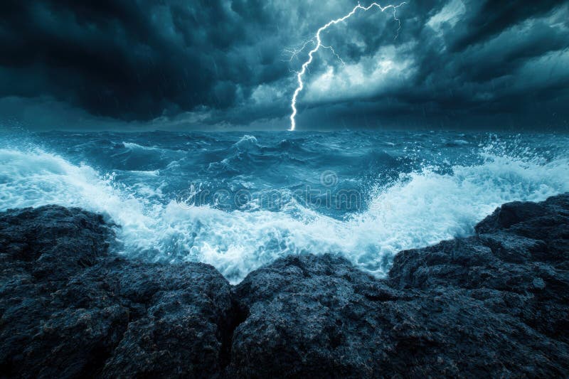 Dramatic Stormy Ocean with Lightning Stock Illustration - Illustration ...