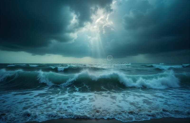 Dramatic Stormy Ocean Scene. Dark Clouds, High Waves Create Menacing ...