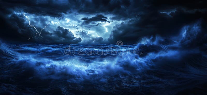 Dramatic Stormy Ocean Scene with Dark Clouds and Lightning Illuminating ...