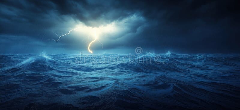 Dramatic Stormy Ocean Scene with Lightning Illuminating Dark Clouds and ...