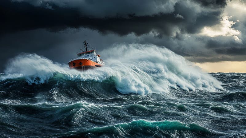 A Dramatic Stormy Ocean with a Ship Battling Massive Waves Under Dark ...