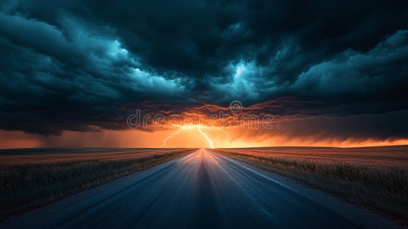 Dramatic Stormy Road with Lightning in the Distance and Dark Clouds Stock Photo - Image of ...