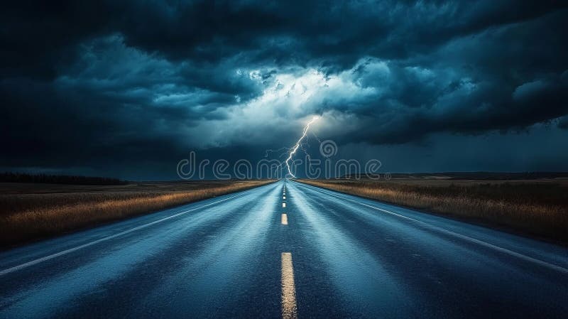 Dramatic Stormy Road with Lightning in the Distance and Dark Clouds ...