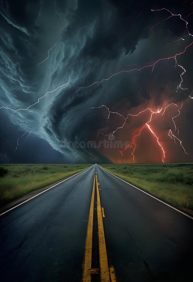 Dramatic Stormy Road with Lightning on Horizon, Weather Warning Poster ...