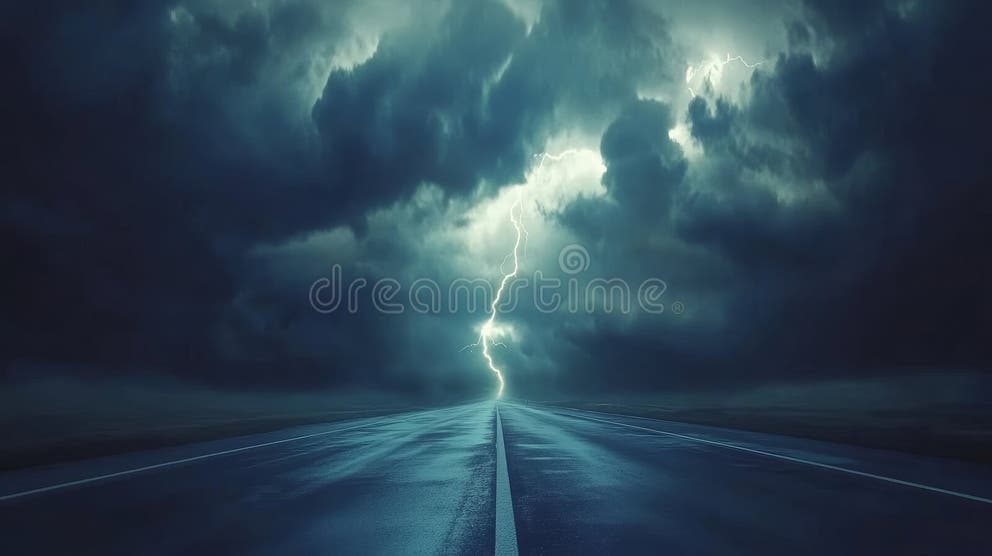 Dramatic Stormy Road Scene Featuring Distant Lightning and Ominous Dark ...