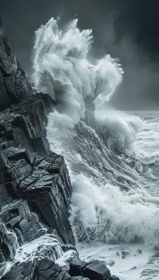 Dramatic Stormy Seascape Giant Waves Colliding with Rugged Coastal ...