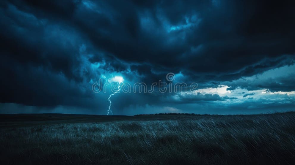 A Dramatic Stormy Sky with Bright Lightning Striking in the Dark Clouds ...