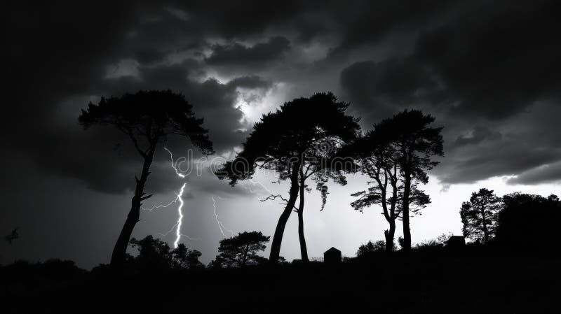 Dramatic Stormy Sky with Lightning and Silhouetted Trees Stock ...