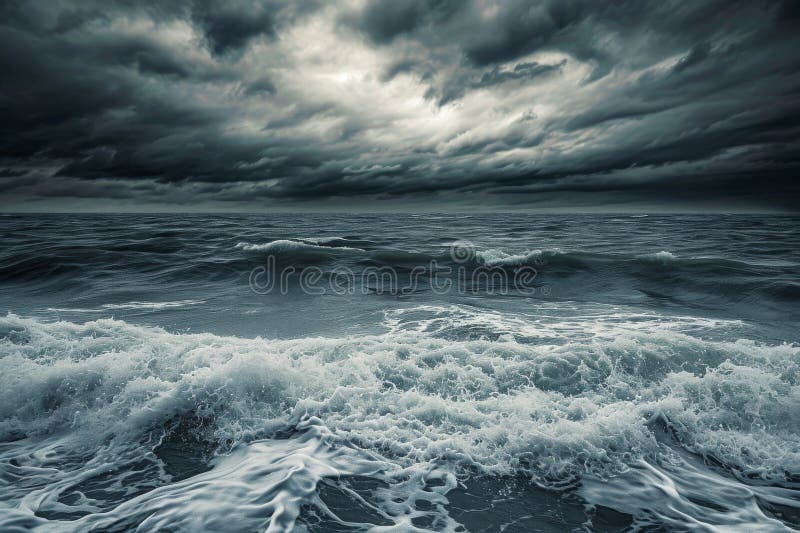 A Dramatic Stormy Sky Hangs Over the Churning Waves of the Ocean, Ocean ...