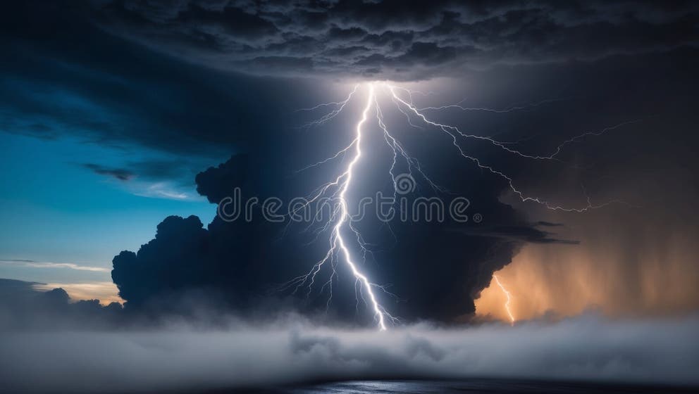 Dramatic Stormy Sky with Lightning and Fog. Stock Photo - Image of ...