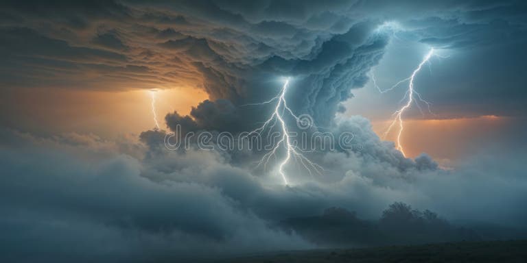 Dramatic Stormy Sky with Lightning and Fog Stock Photo - Image of pitch ...