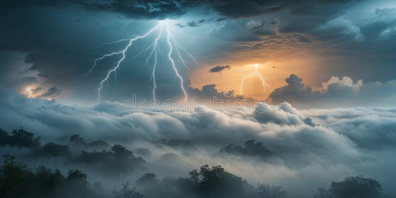 Dramatic Stormy Sky with Lightning and Fog. Stock Image - Image of ...