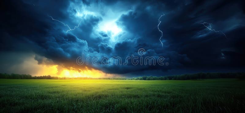 Dramatic Stormy Sky with Lightning Over Green Field at Sunset Stock ...