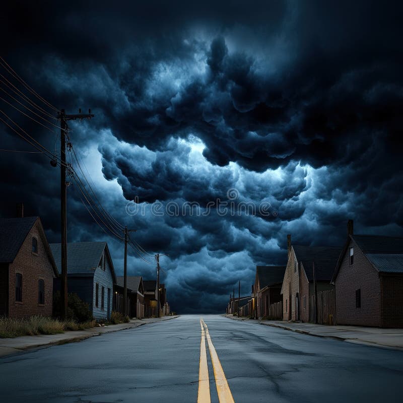 Dramatic Stormy Sky Over an Empty Street with Weathered Houses Stock ...