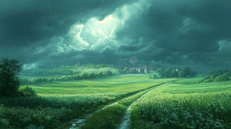 Dramatic Stormy Sky Over Lush Green Field and Village Stock ...