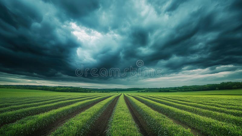 Scenic Farmland Rows Vibrant Green Crops Dramatic Sky Countryside ...