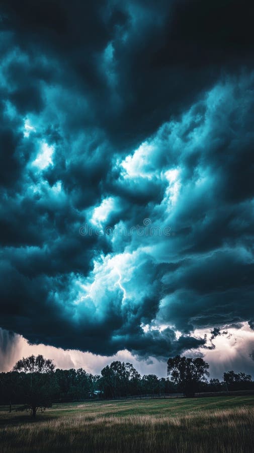 Dramatic Stormy Sky Over Rural Landscape with Lightning, Weather ...