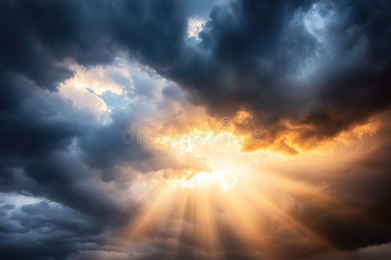 Dramatic Stormy Sky with Sun Rays Breaking through Dark Clouds Stock ...